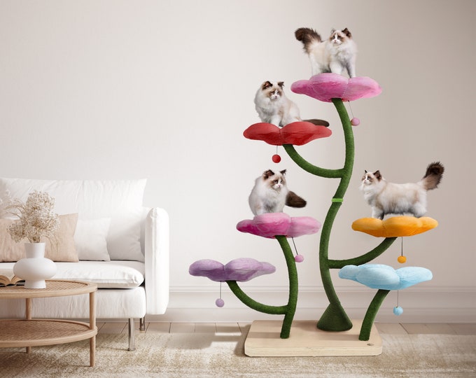 Modern Floral Cat Tree: White Multi-level Cat Tower With Sisal Posts ...