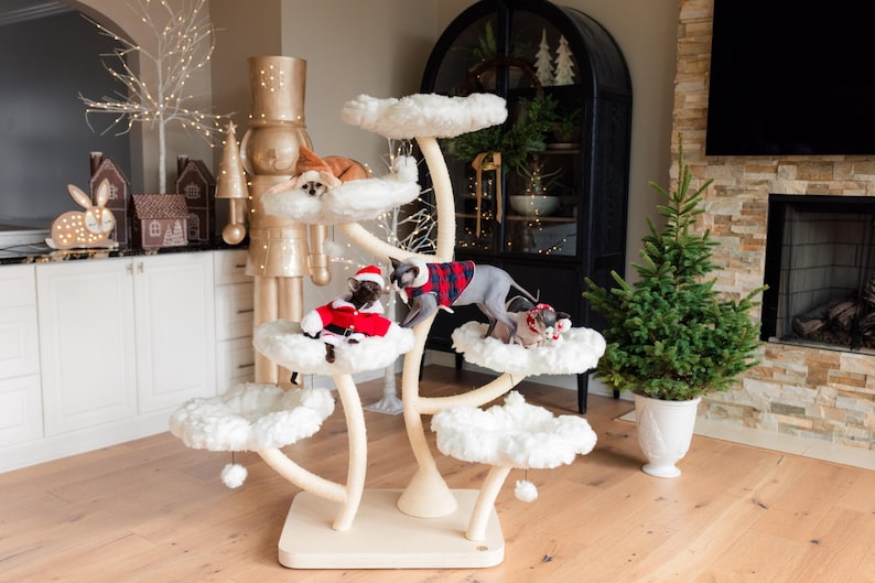 HEXAFLORA Wood Flower Cat Tree: Modern Climbing Tower, Luxury Condo ...