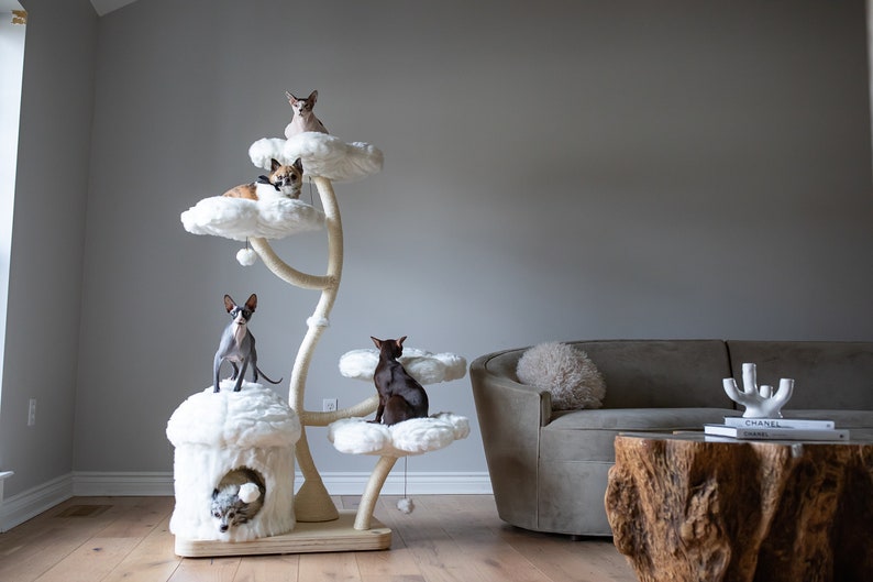 EDEN Monochrome Wood Floral Cat Tree Tower, Wooden Cat Tower, Modern ...
