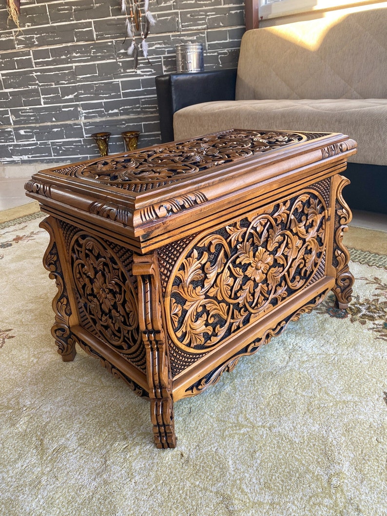 Ottoman Hope Chest Trunk Coffee Table Blanket Trunk Carved | Etsy