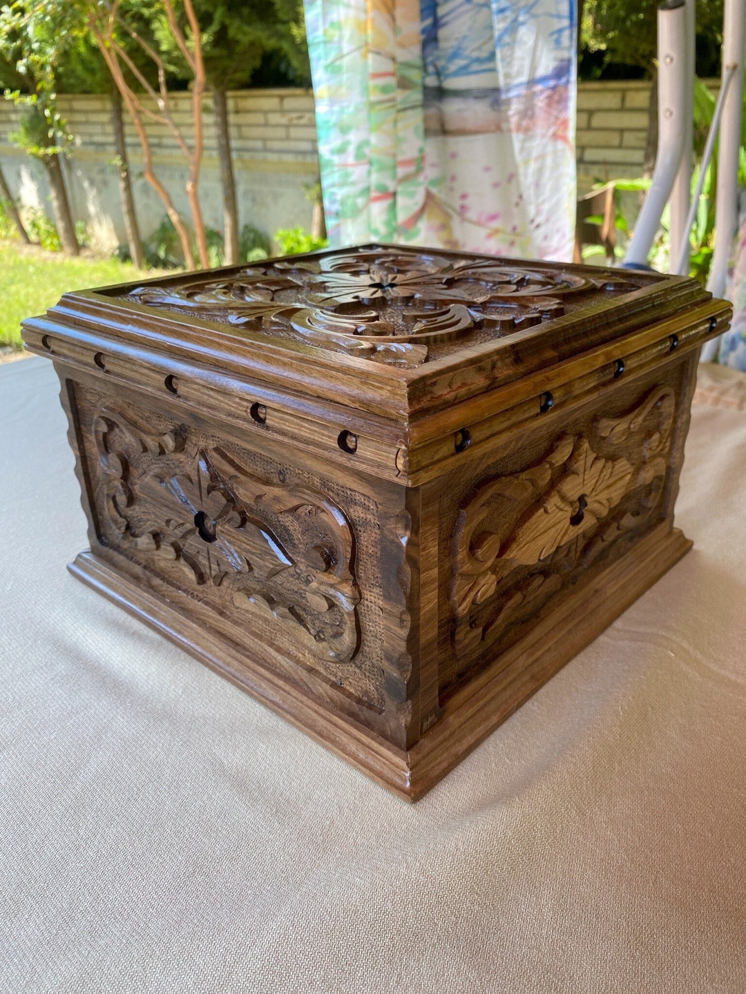 Secret Lock Wooden Box With Shelves, Large Jewelry Box With Key, Carved ...