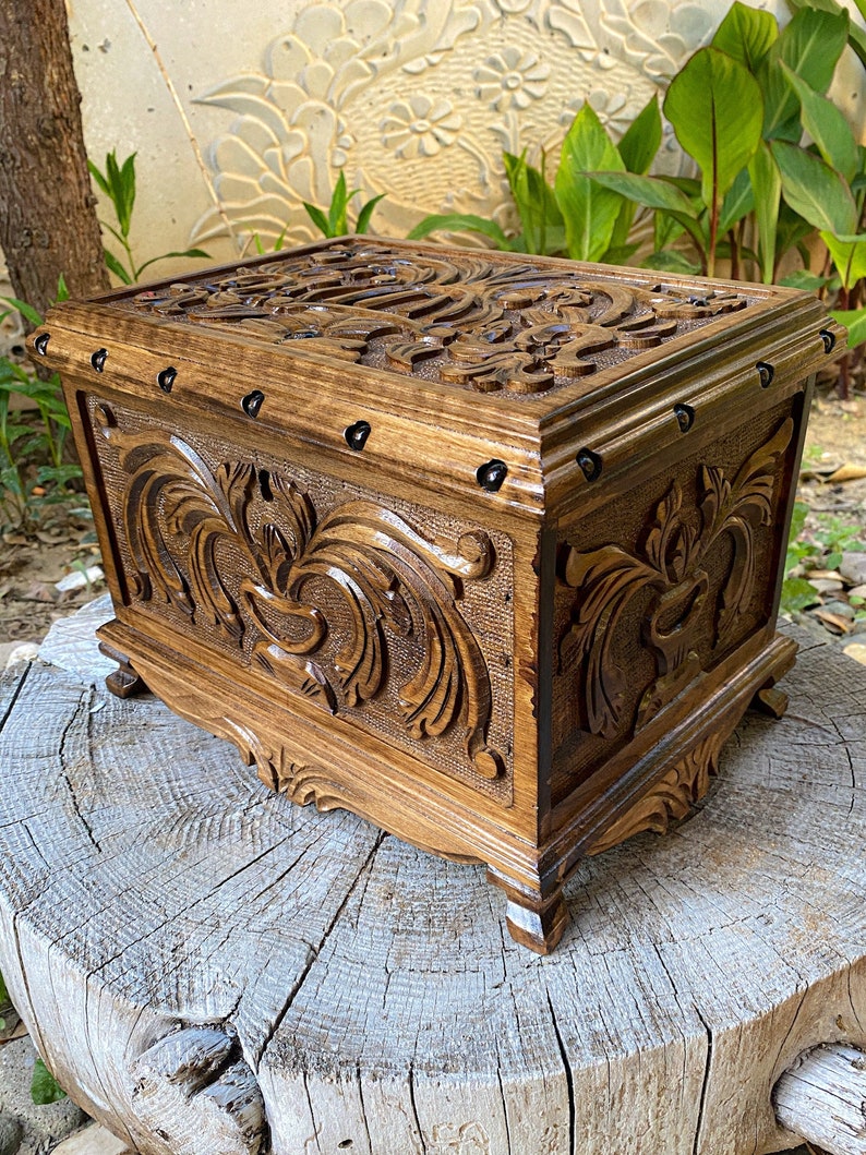 Personalized Large Wood Box, Locking Carved Box With Key, Wooden ...