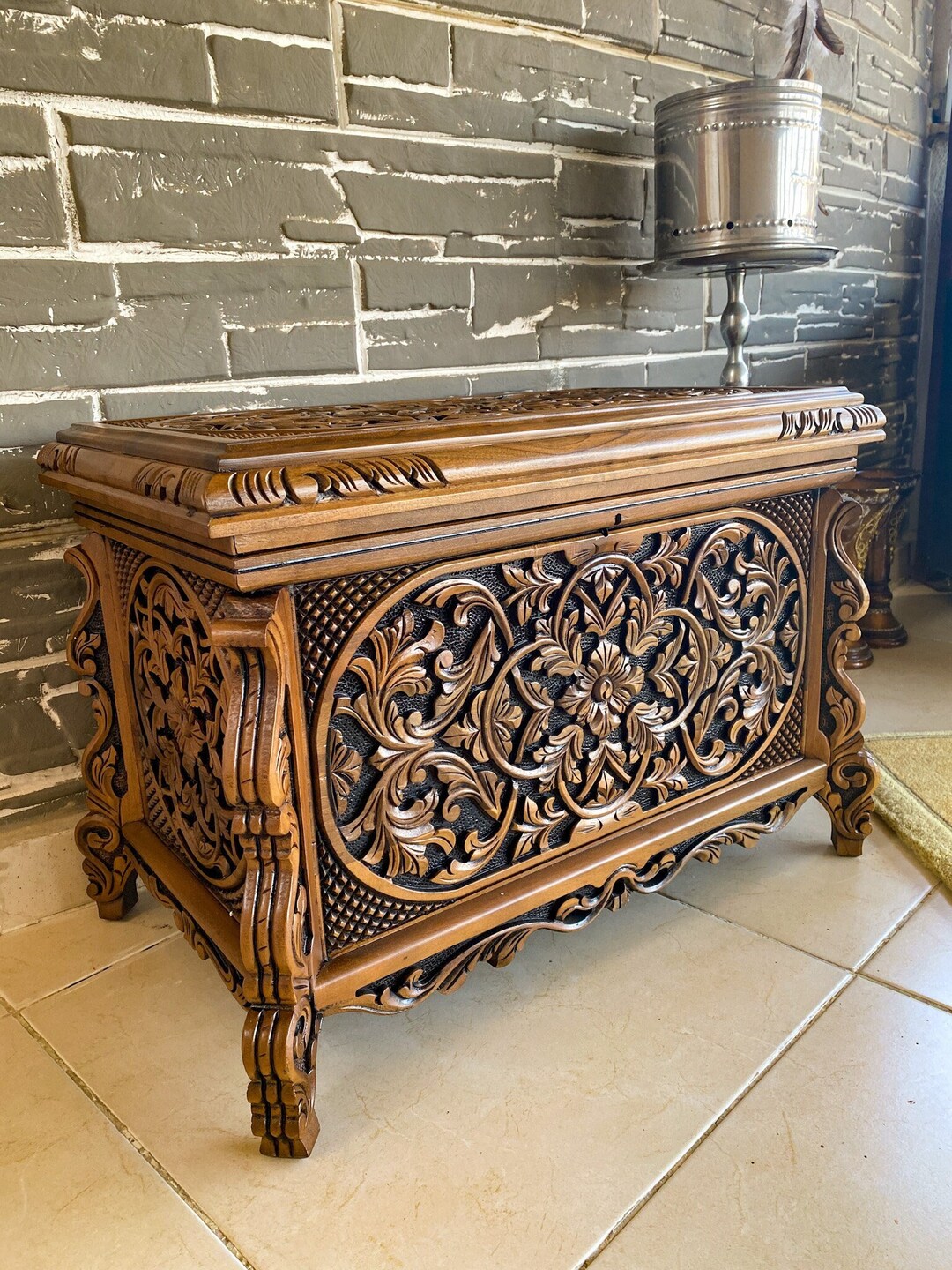 Ottoman Hope Chest, Trunk Coffee Table , Blanket Trunk, Carved Large ...