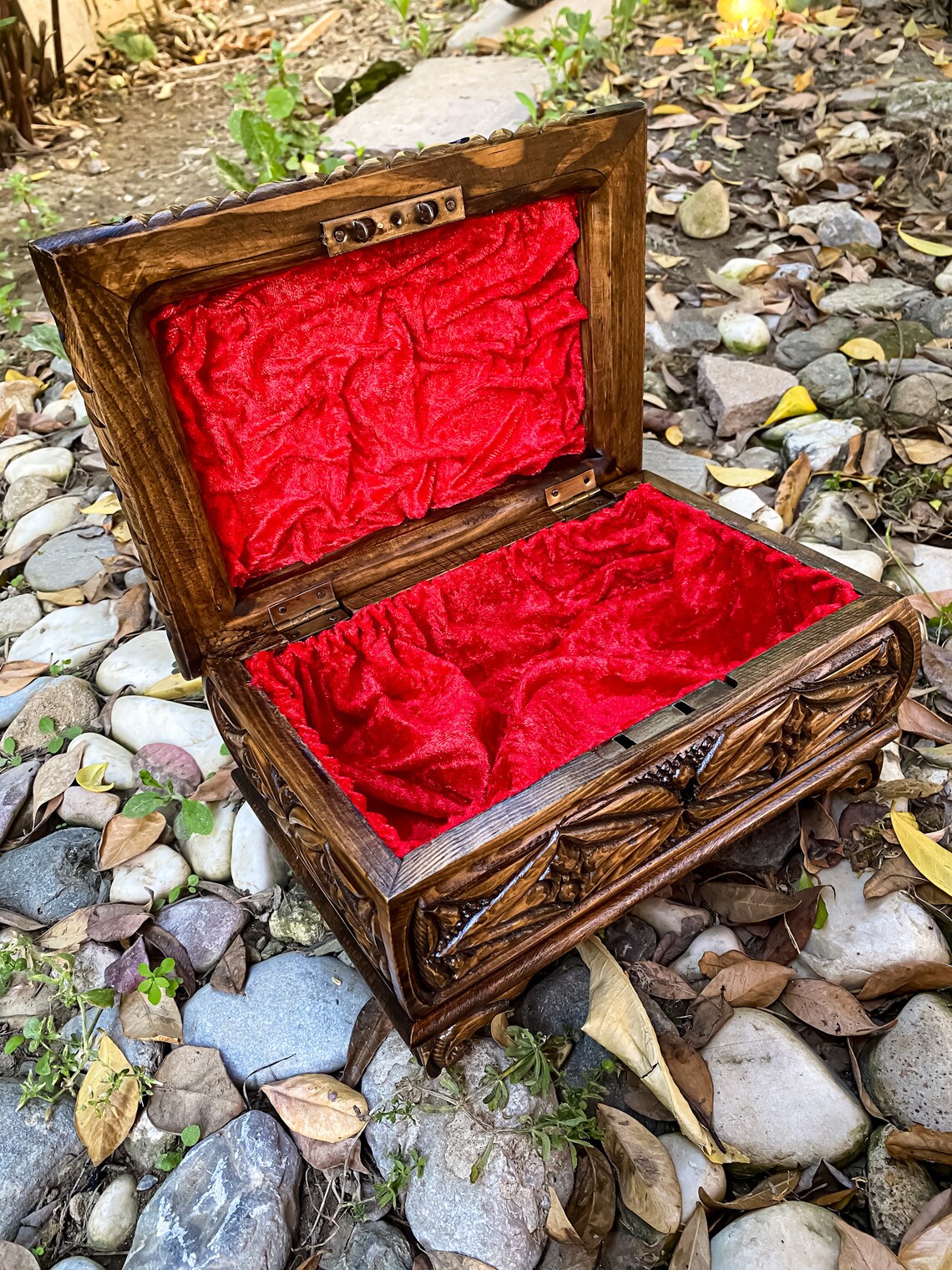 Large wooden jewelry box with key treasure chest with lock | Etsy