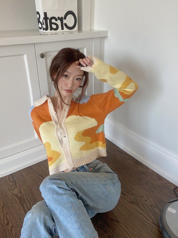 Colorblock Knit Cardigan Sweater | Etsy