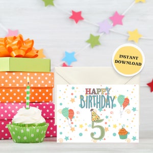 5th Birthday Card, Happy Birthday Card, 5 Year Old Birthday, Printable ...