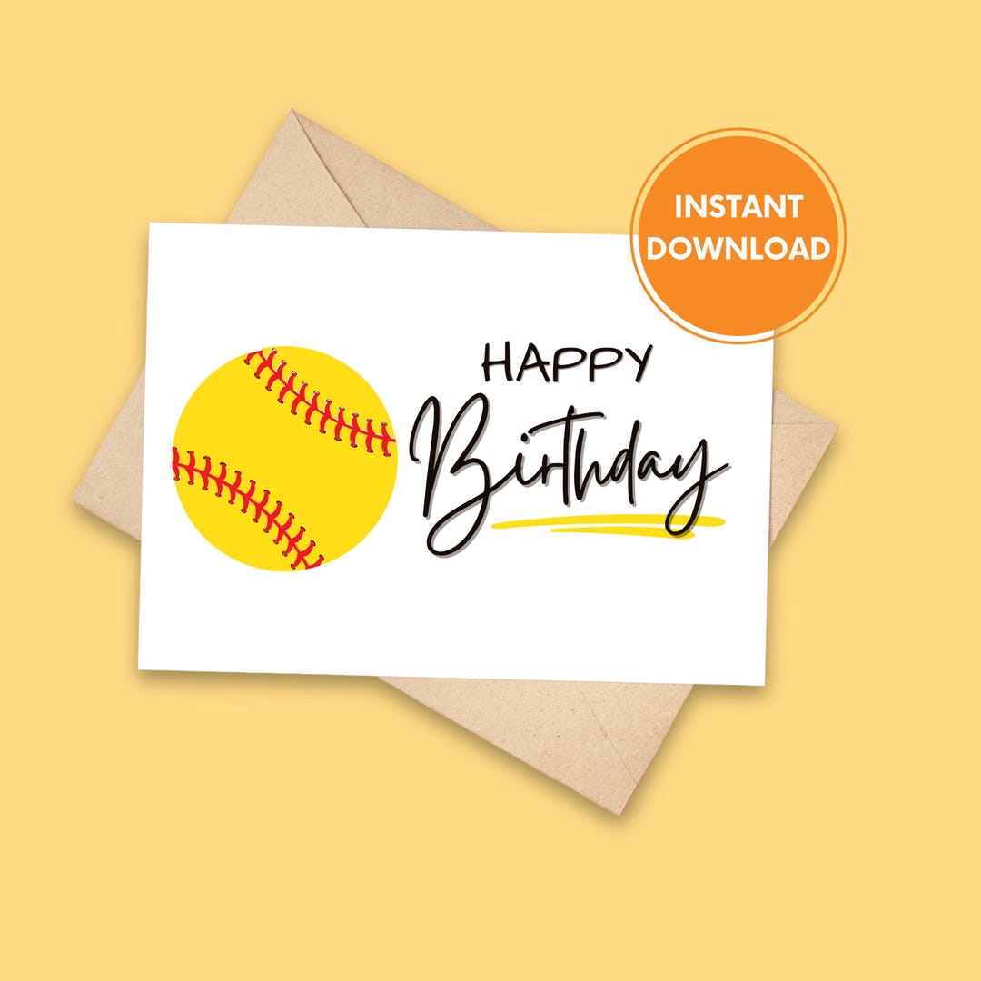 Softball Birthday Card, Printable Softball Happy Birthday Card, Digital ...