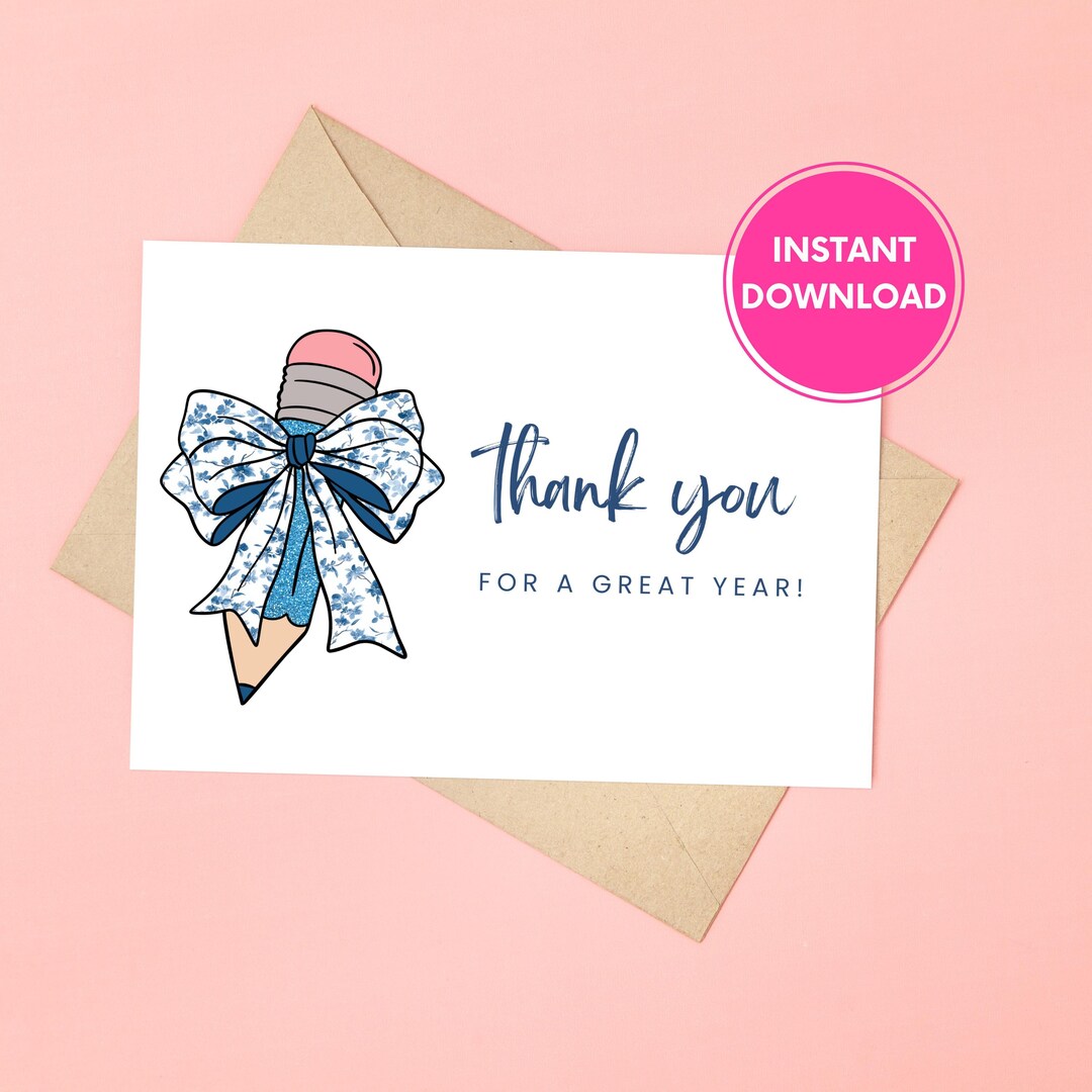 Thank You Teacher Card, Printable School Teacher Notecard, Digital ...