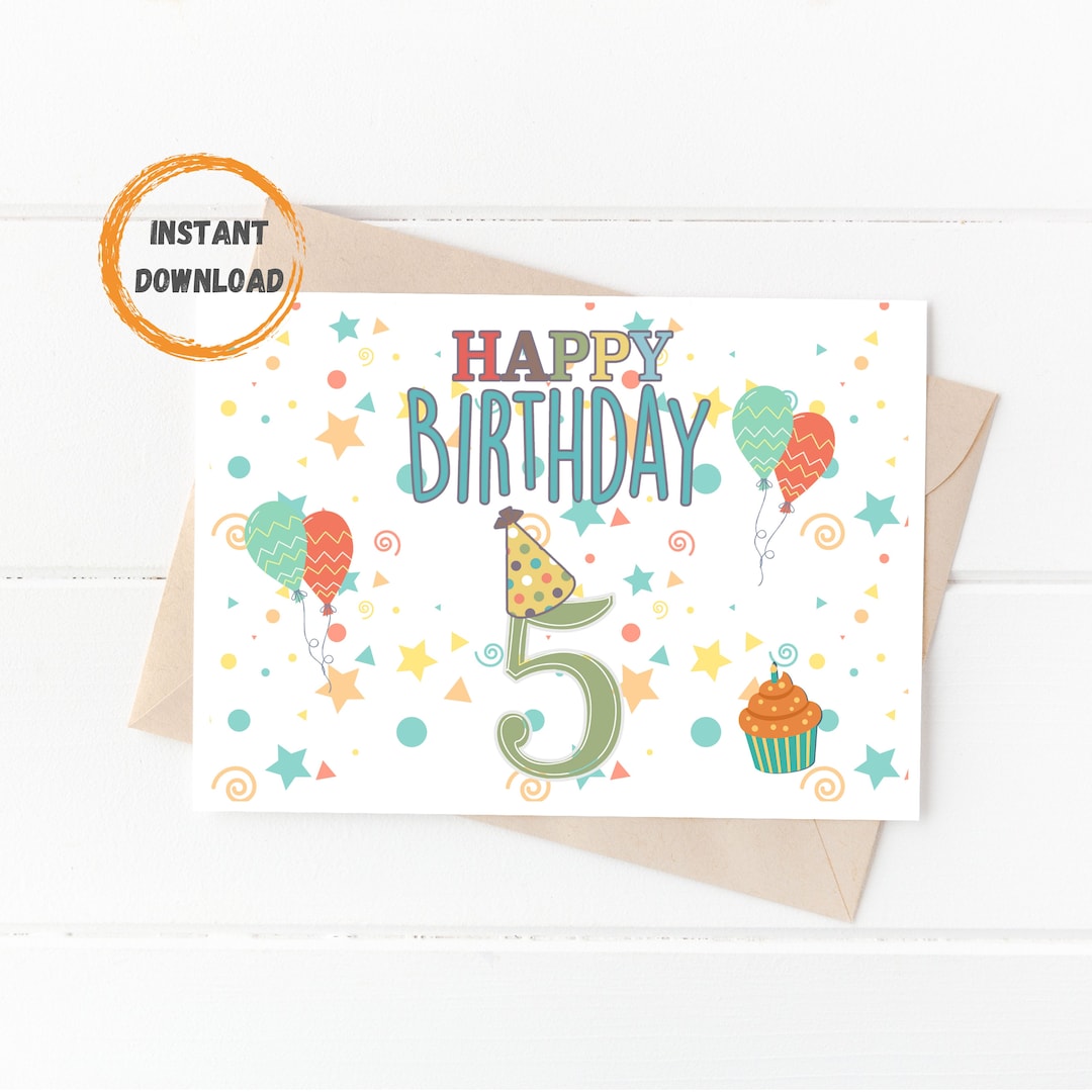 5th Birthday Card, Happy Birthday Card, 5 Year Old Birthday, Printable ...