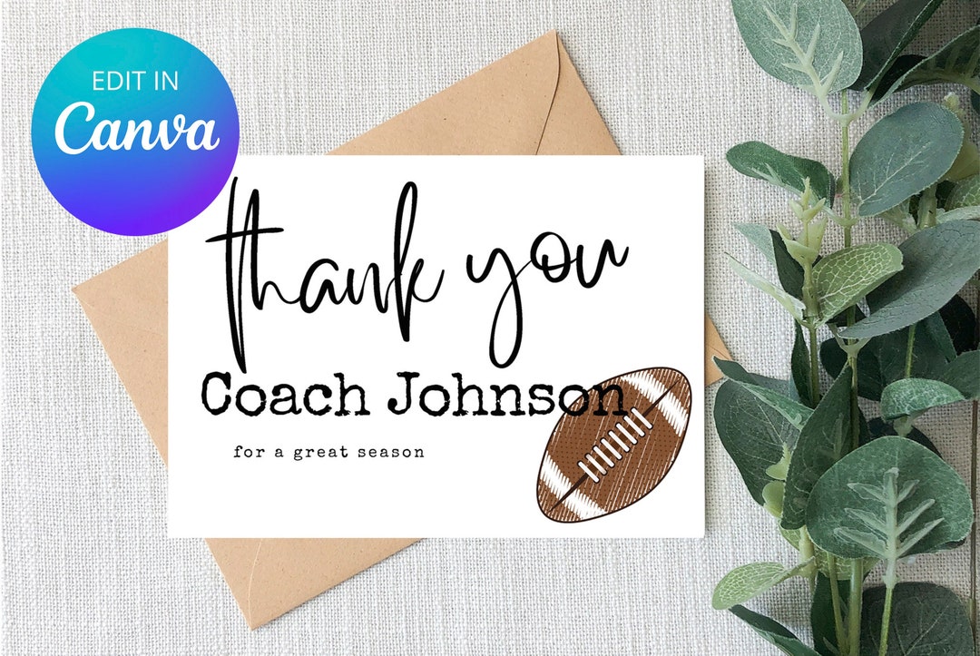 Football Coach Thank You Card, Editable Card, Printable Card, Custom ...