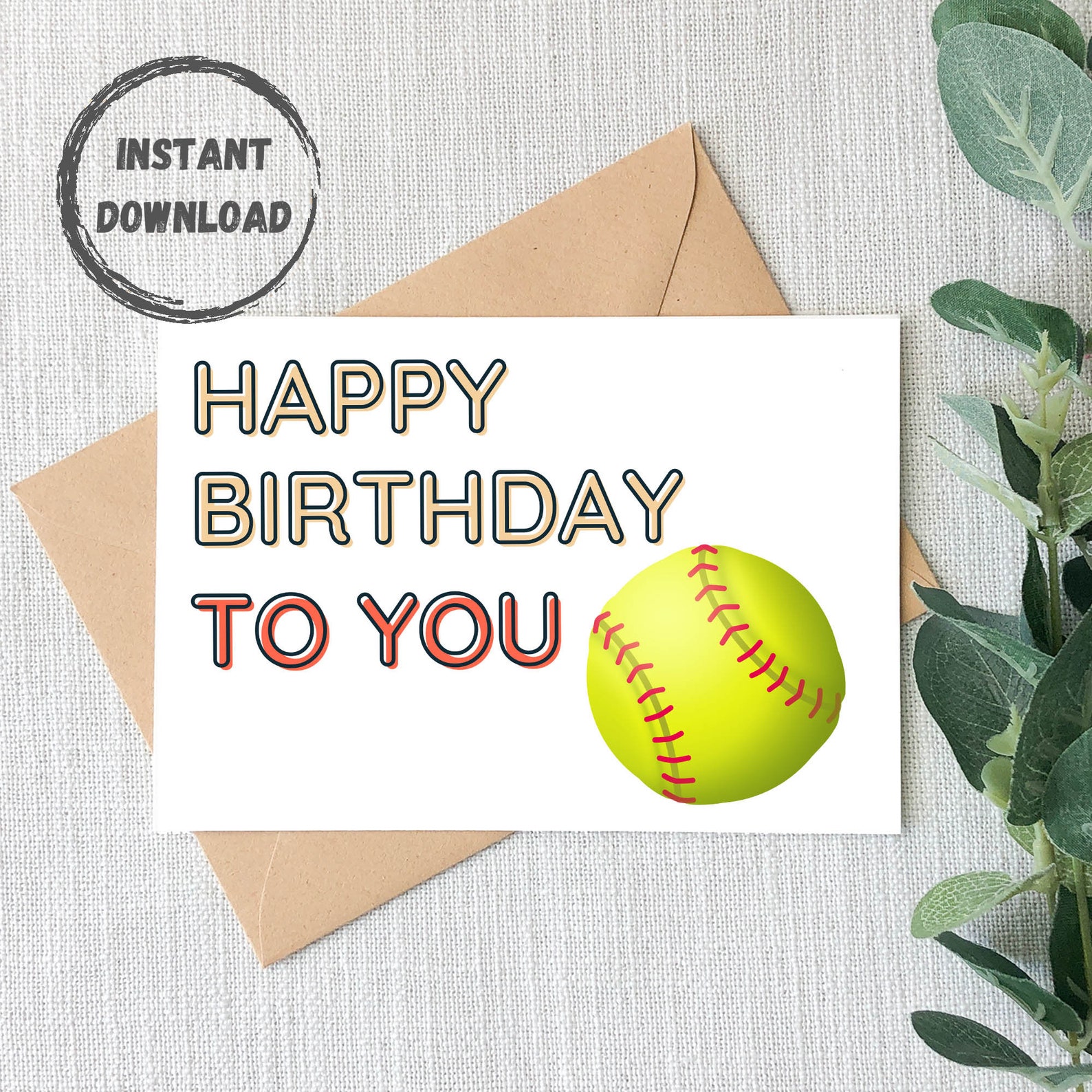 Softball Birthday Card, Printable Card, Digital Download, 5x7, Happy ...