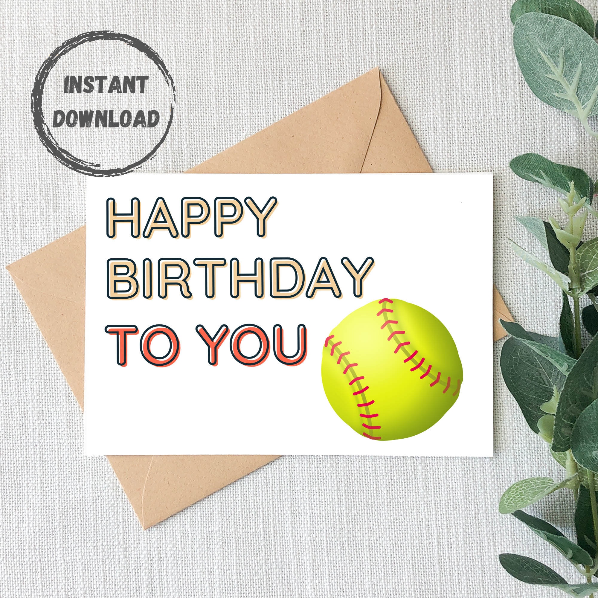 Softball Birthday Card, Printable Card, Digital Download, 5x7, Happy ...
