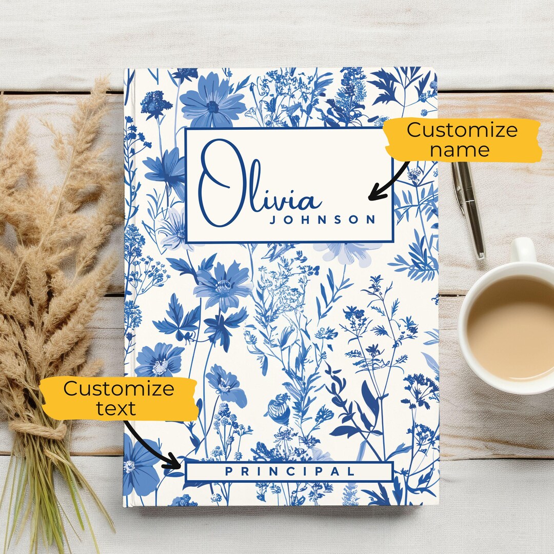 Blue Floral Journal, Personalized Blue Flower Notebook, Custom Name ...
