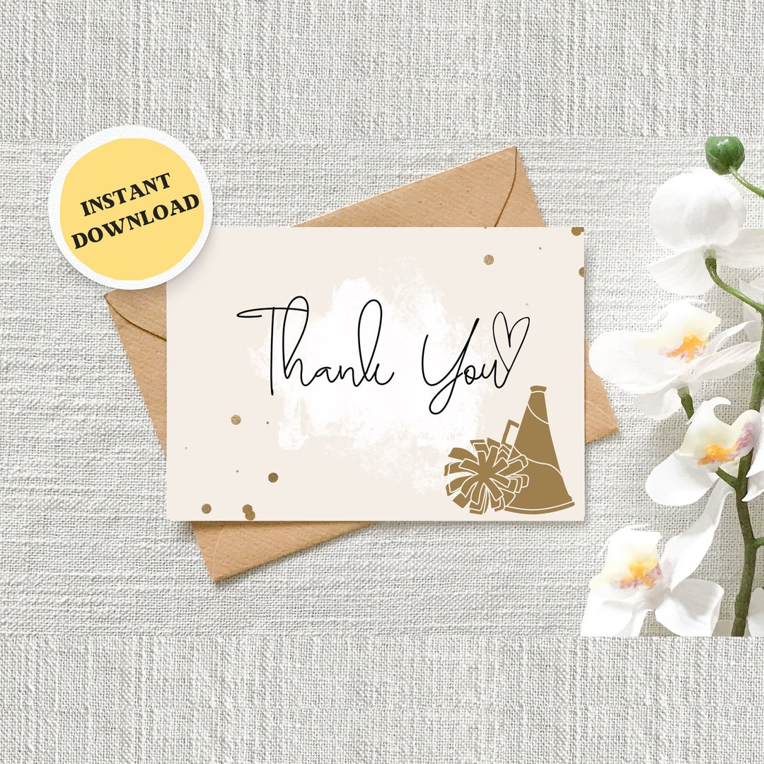 Cheerleader Thank You Card, Printable Card, Digital Download, 5x7 PDF ...