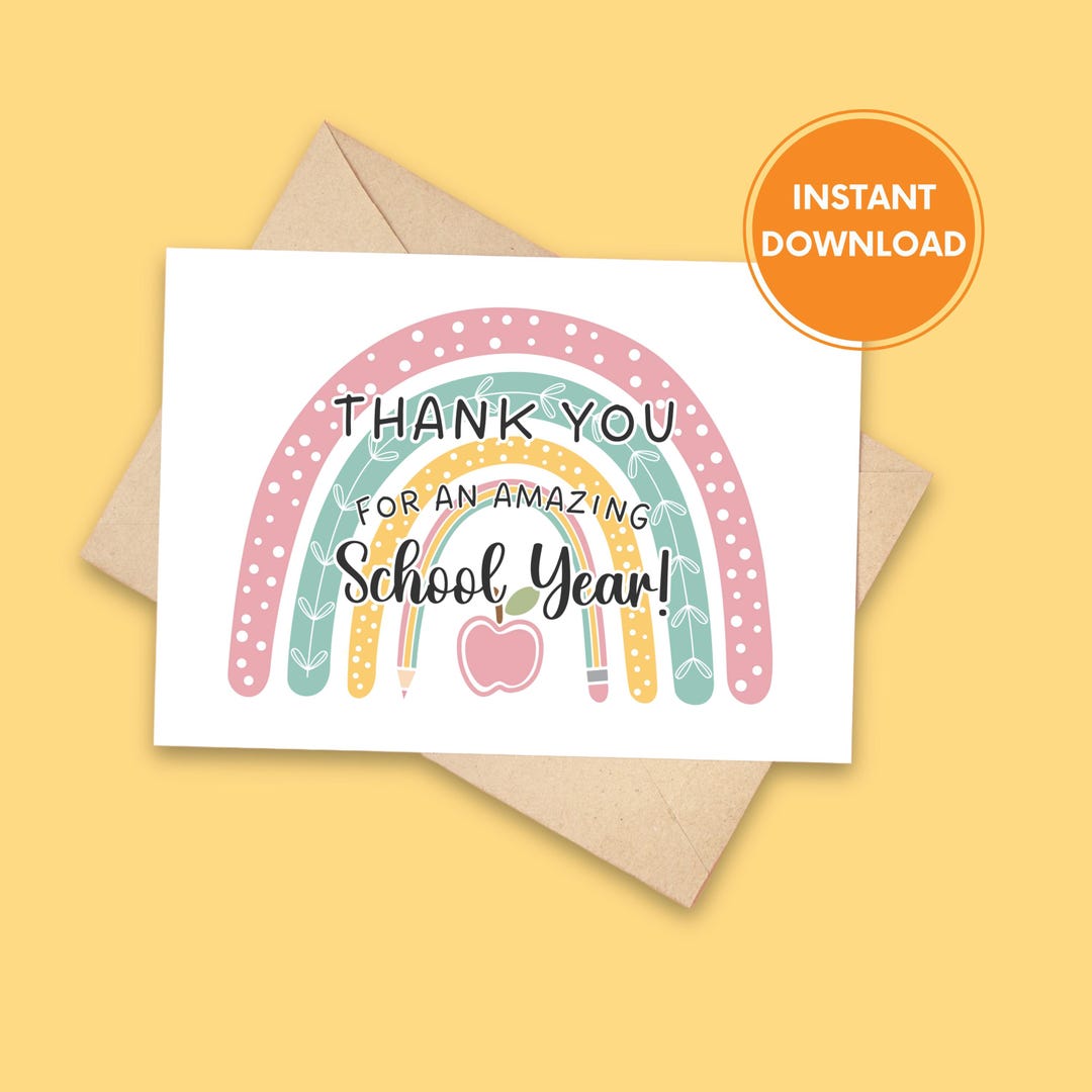 Rainbow Teacher Card, Thank You Printable Card, End of Year Thank You ...