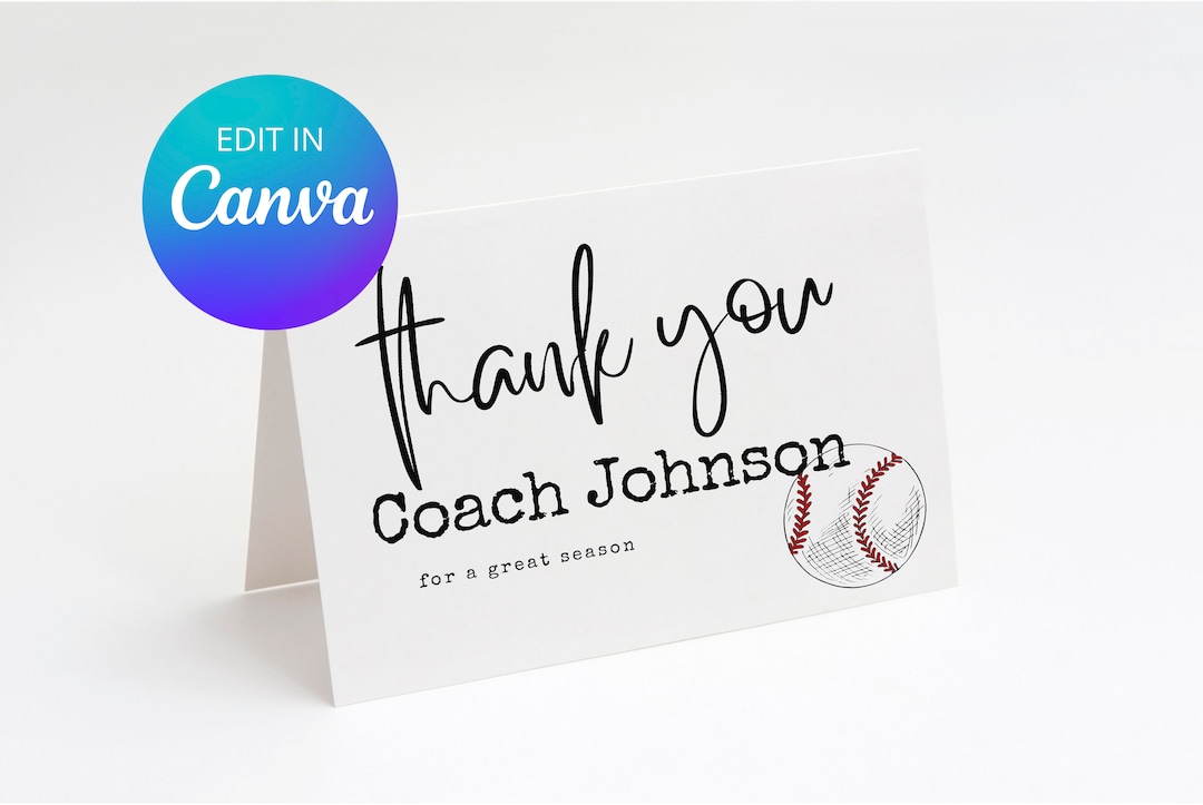 Thank You Coach Baseball Card, Editable 5x7 Card, Digital Download ...