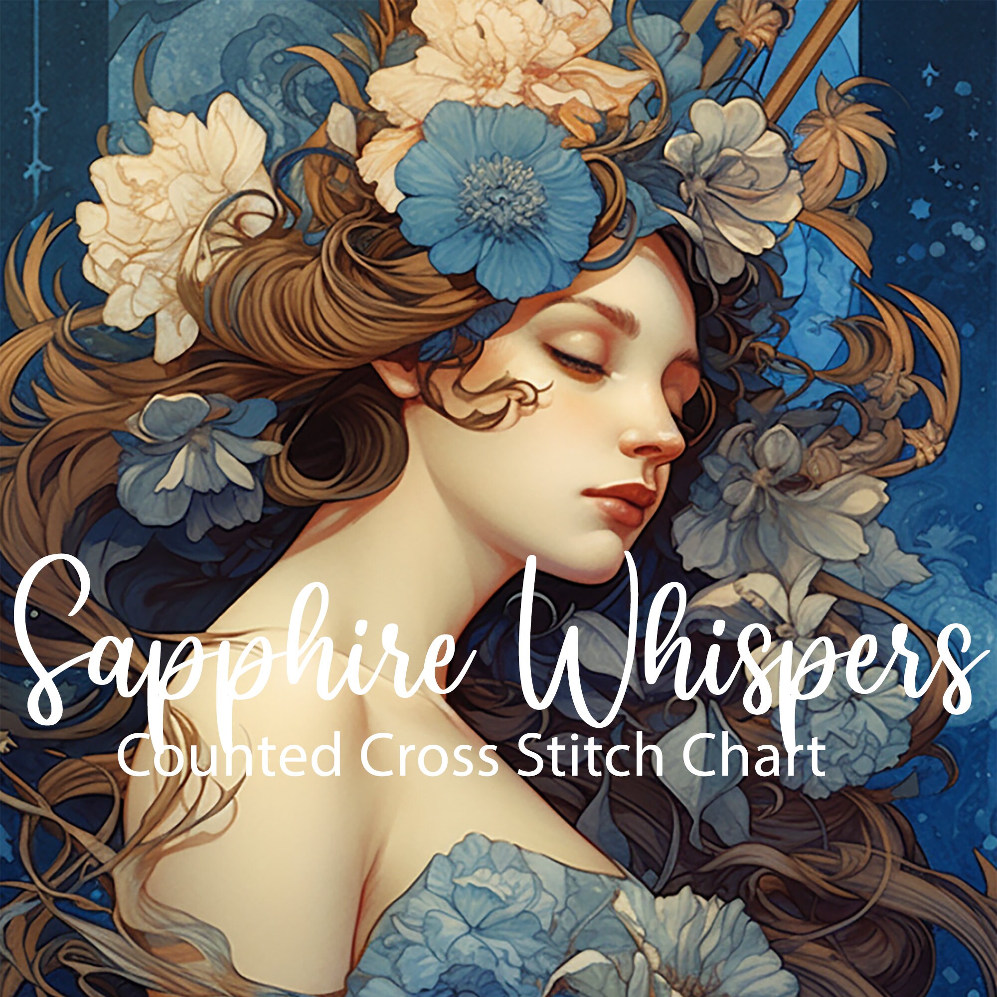 Sapphire Whispers Art Nouveau Wall Art, Full Coverage Cross Stitch ...
