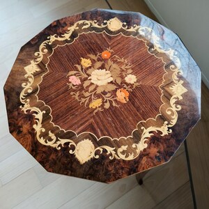 Antique Wooden Inlay Intarsia Burl Wood Handmade Table - Music Box ...