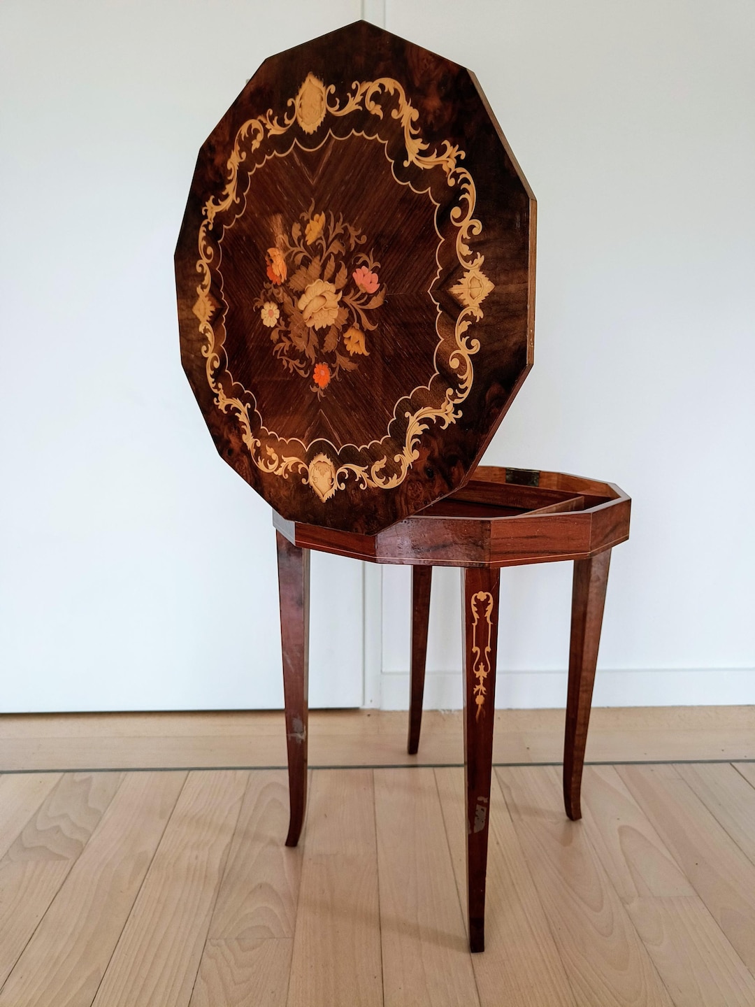 Antique Wooden Inlay Intarsia Burl Wood Handmade Table - Music Box ...