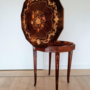 Antique Wooden Inlay Intarsia Burl Wood Handmade Table - Music Box ...