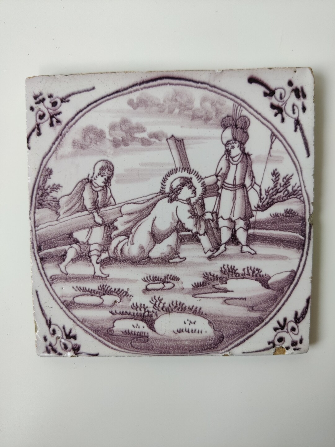 Antique Dutch Tile 18th Century Manganese Jesus Carries His Cross ...