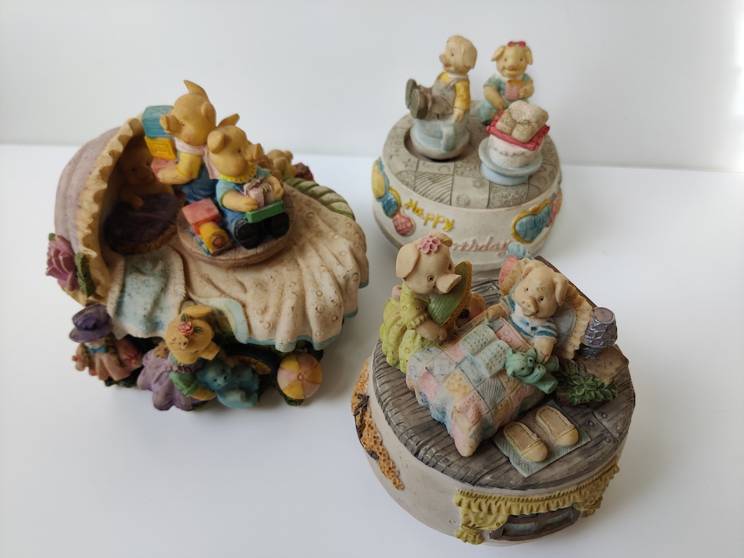 Three Gorgeous Music Boxes With Pigs - Enesco Cherished Teddies Vintage ...