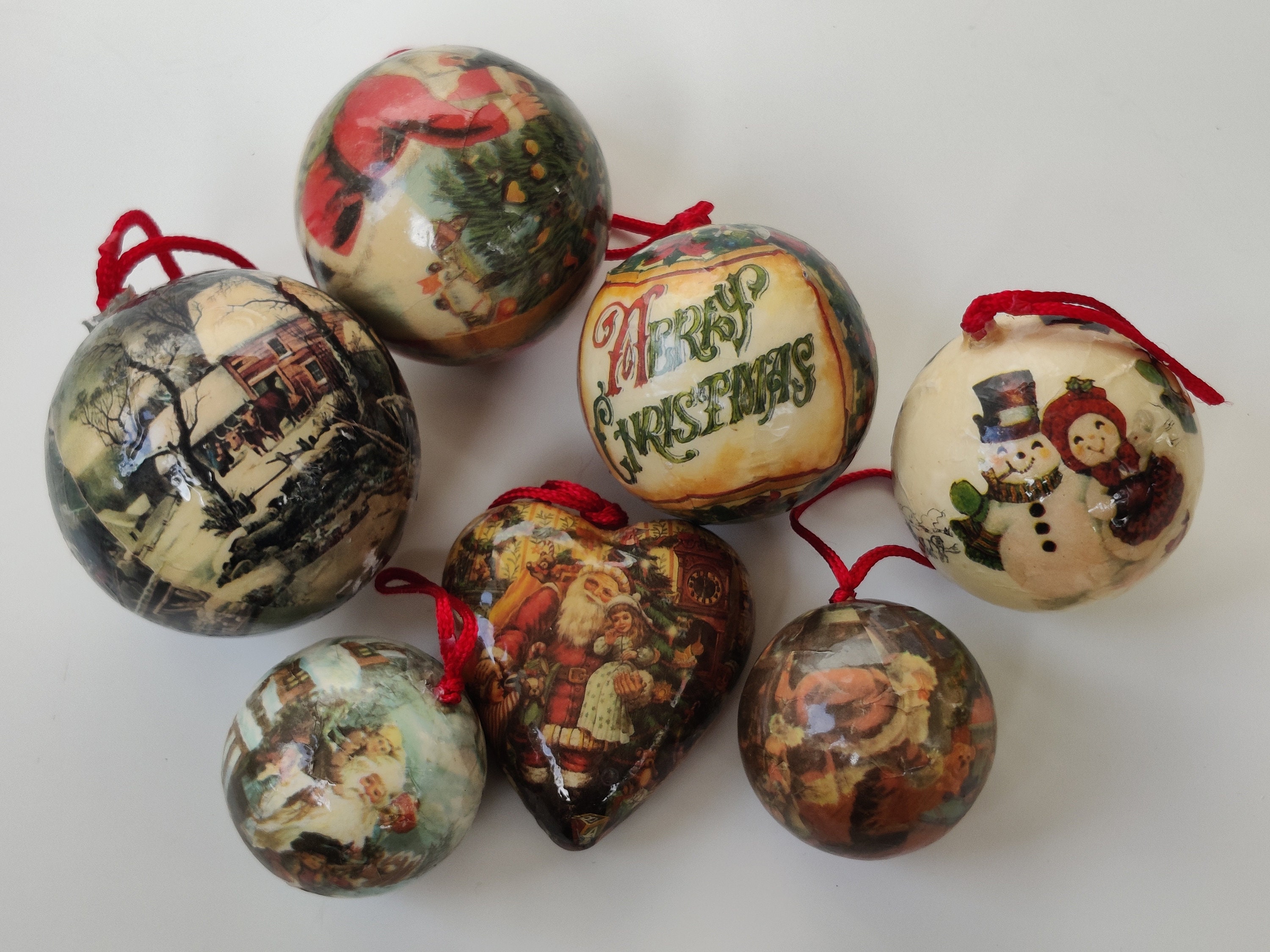 Christmas Baubles Ornament 8 Classic Scenes Paper Mache Vintage Mid ...