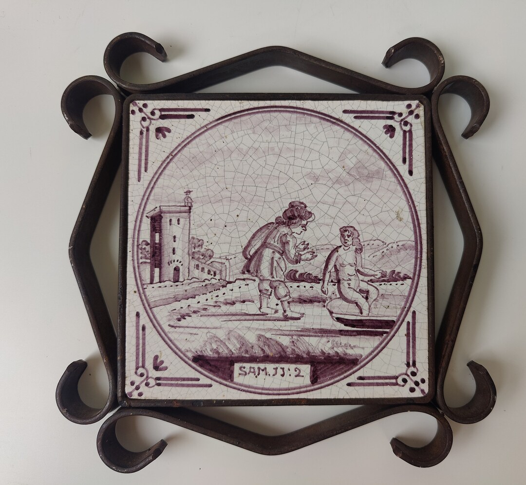 Antique Dutch Tile - 18th Century Manganese - With Iron Frame - Bible ...