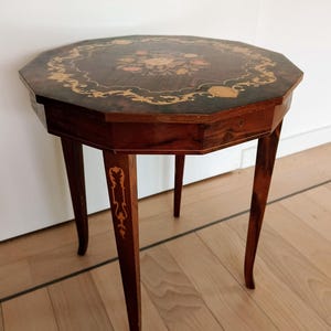 Antique Wooden Inlay Intarsia Burl Wood Handmade Table - Music Box ...