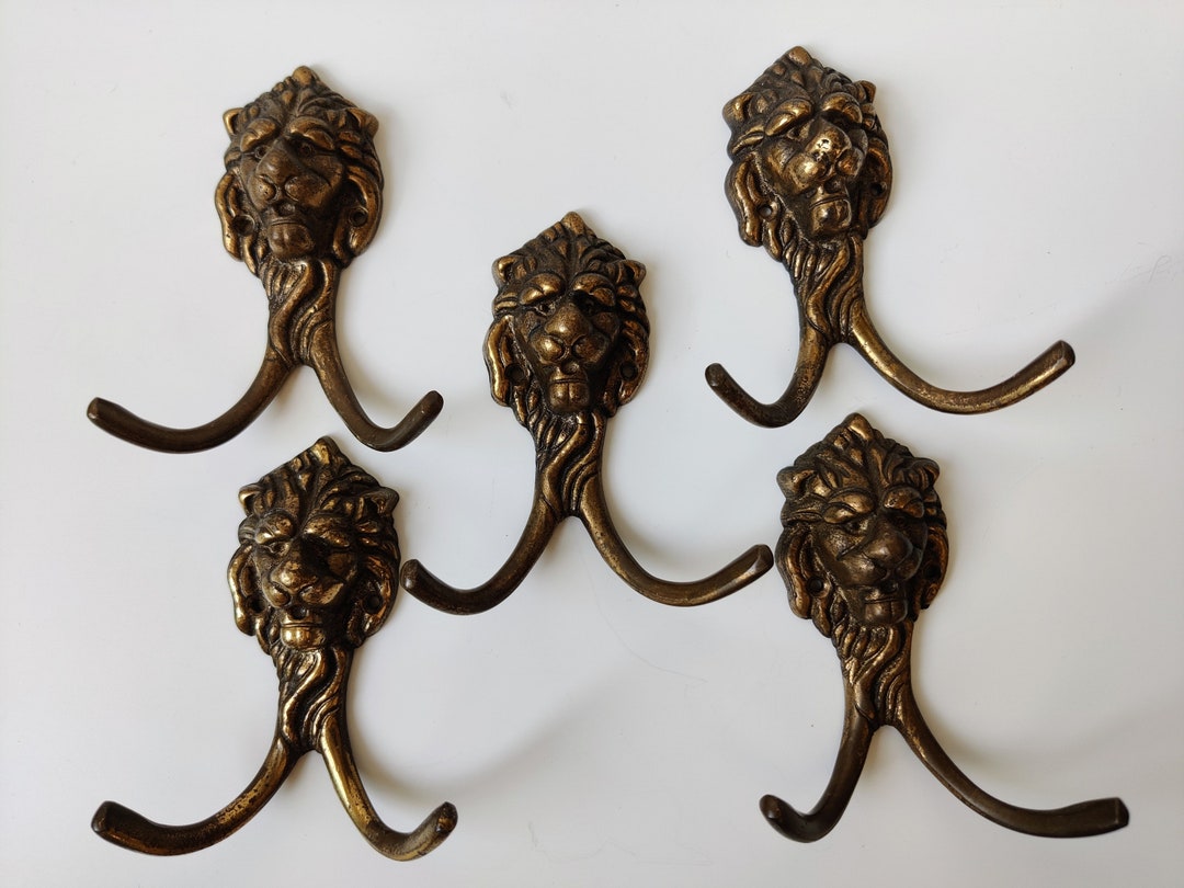 Antique Brass Victorian Lion Head Hangers Cloth Hooks - 5 Pieces Wall ...