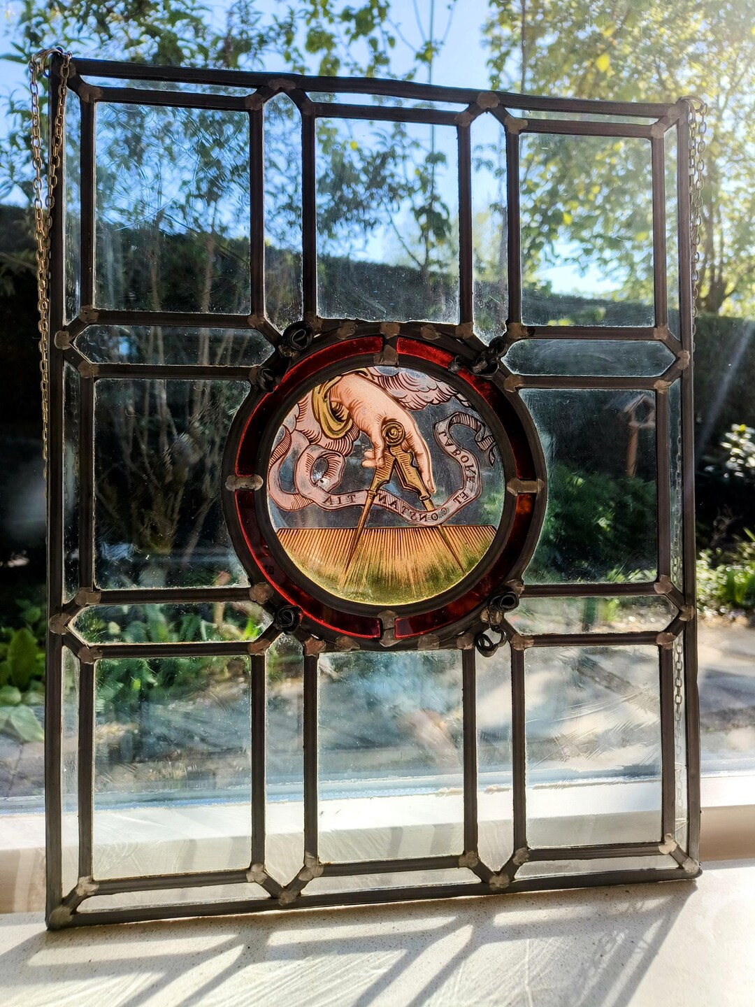 Antique Stained Glass Masonic Panel – Hand Painted Heraldic Window With ...