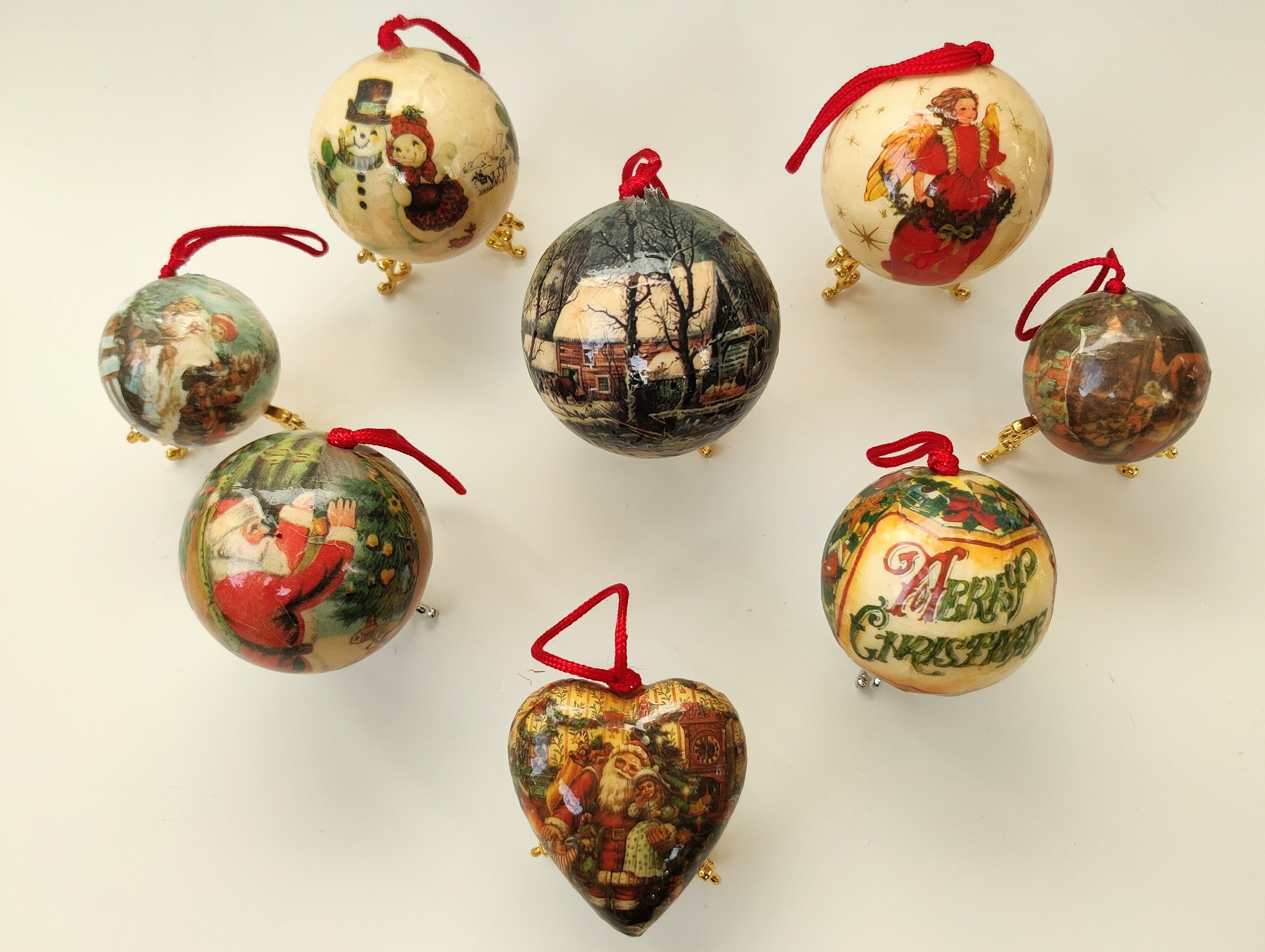 Christmas Baubles Ornament 8 Classic Scenes Paper Mache Vintage Mid ...