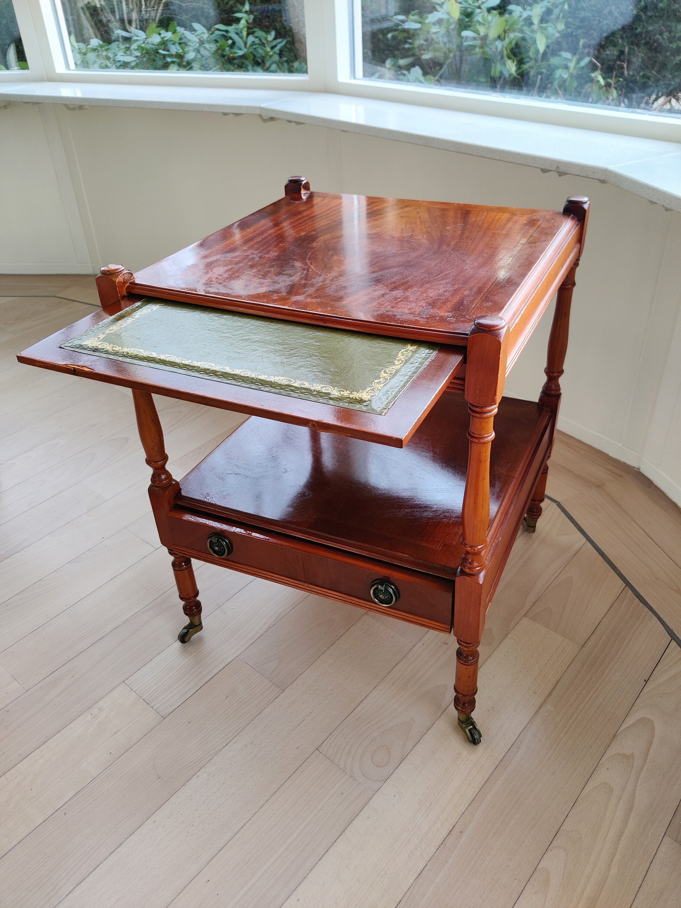 Antique Side Table Leather Pull-out Leaf Top With Gold Print Exclusive ...