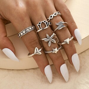 8 Pcs Vintage Silver-colored ring set Carved Finger Rings | Etsy