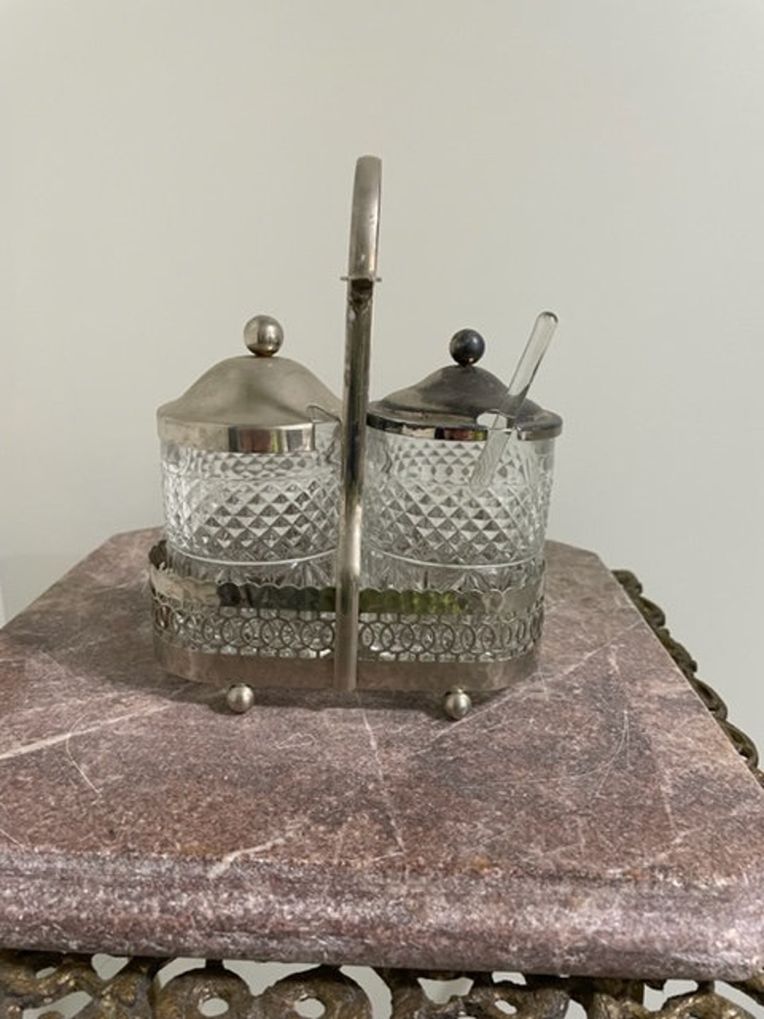 Silver Plate and Pressed Glass Condiment Tray With Spoon - Etsy