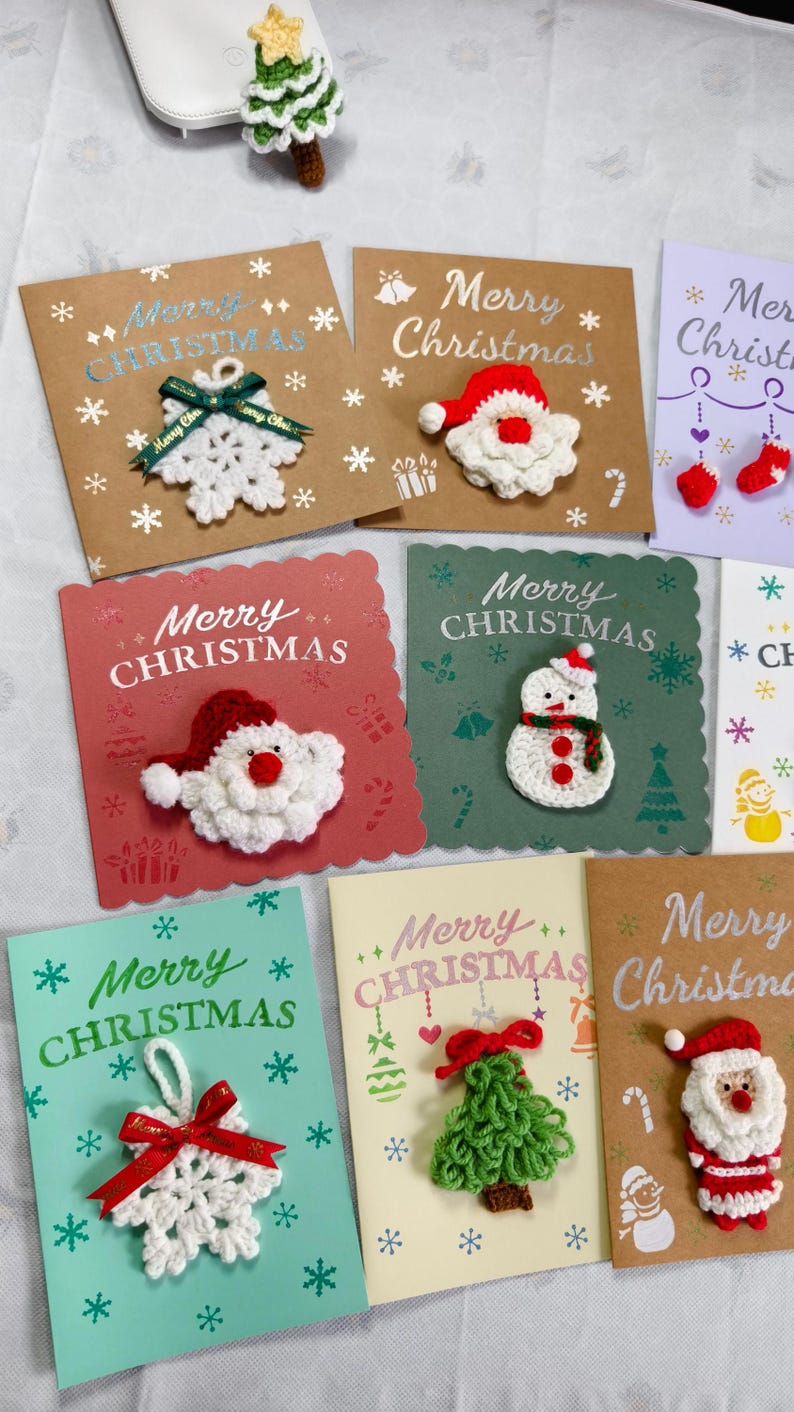 Handmade Crochet Christmas Cards Set 1 Unique 3D Holiday Greeting Cards ...
