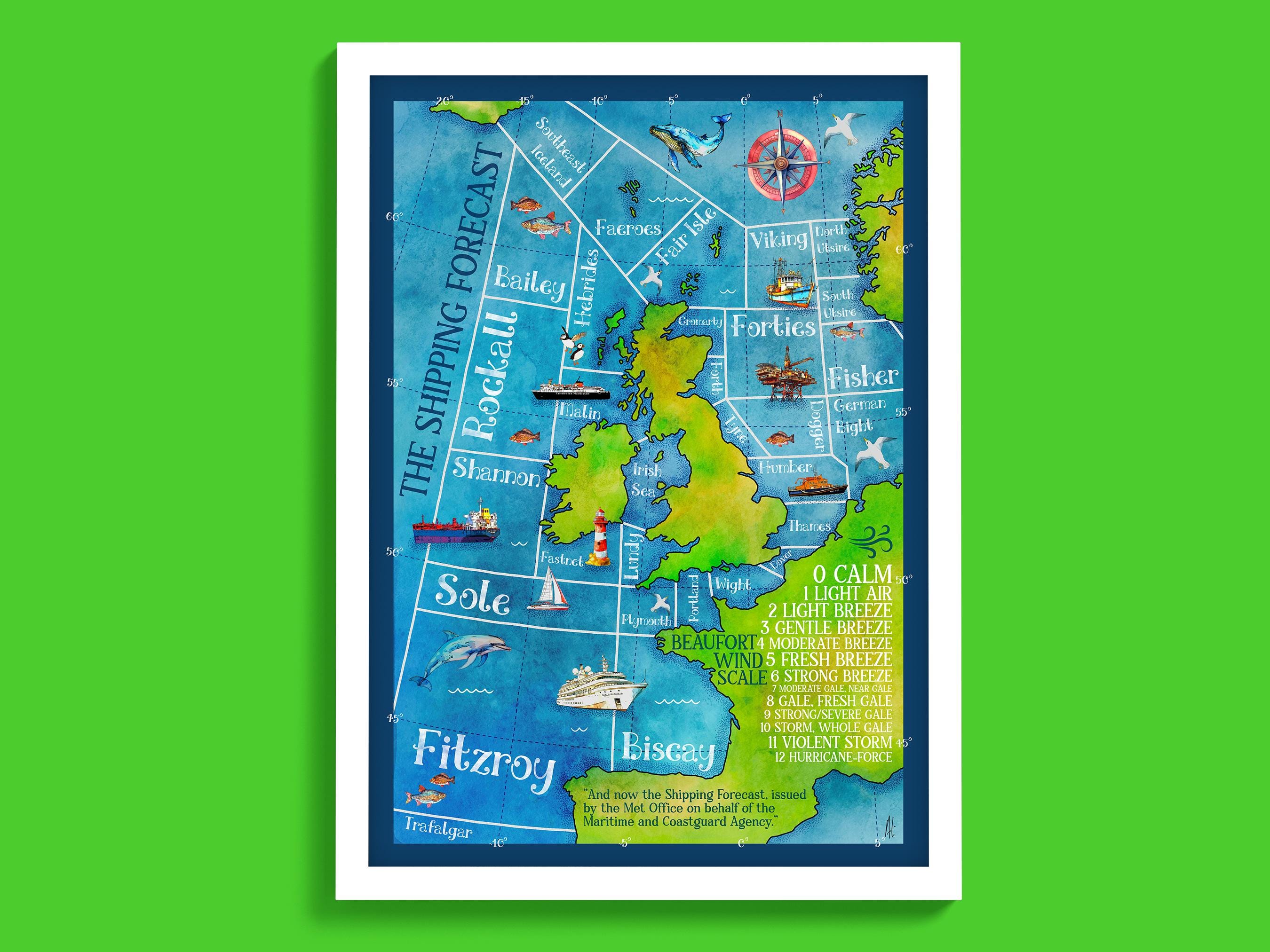 BBC Shipping Forecast Map Art Print, UK Seas Guide - Etsy UK