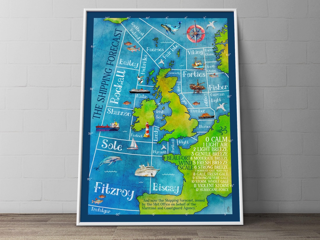 BBC Shipping Forecast Map Art Print, UK Seas Guide - Etsy UK
