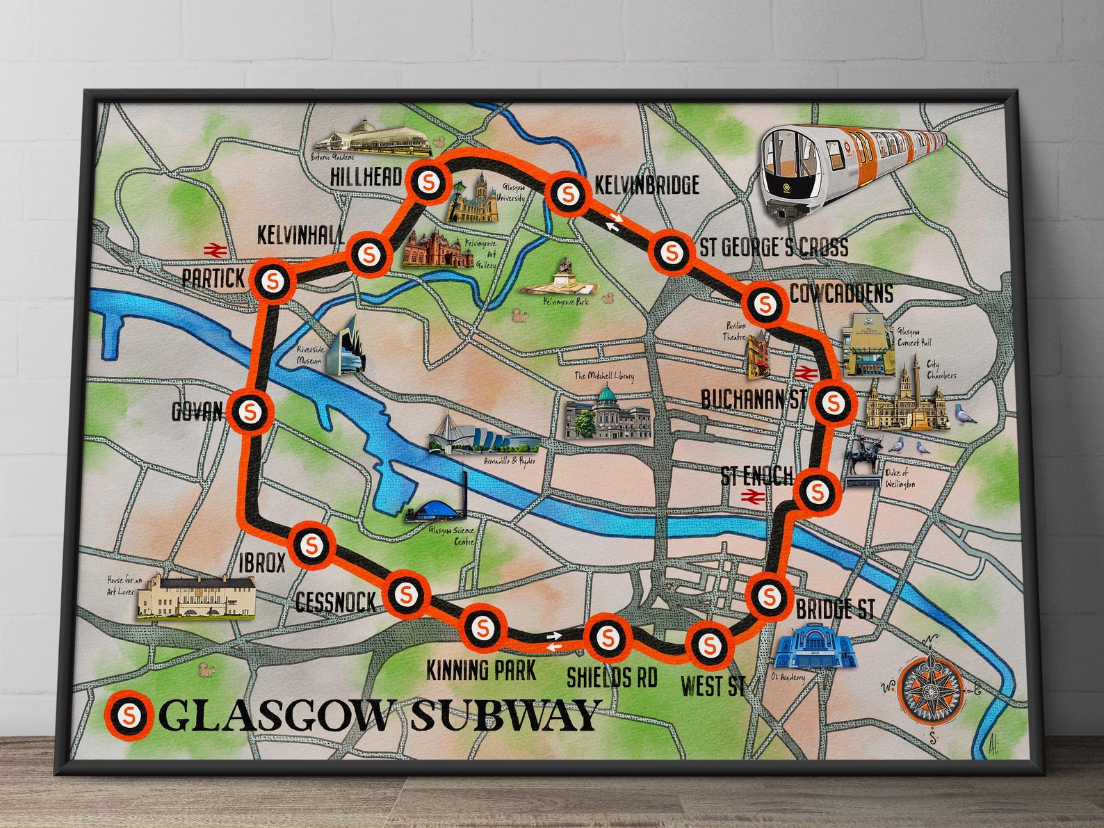Glasgow Subway Map Art Print, Glasgow Subway, Digital Illustration, Glasgow Underground Map Gift ...