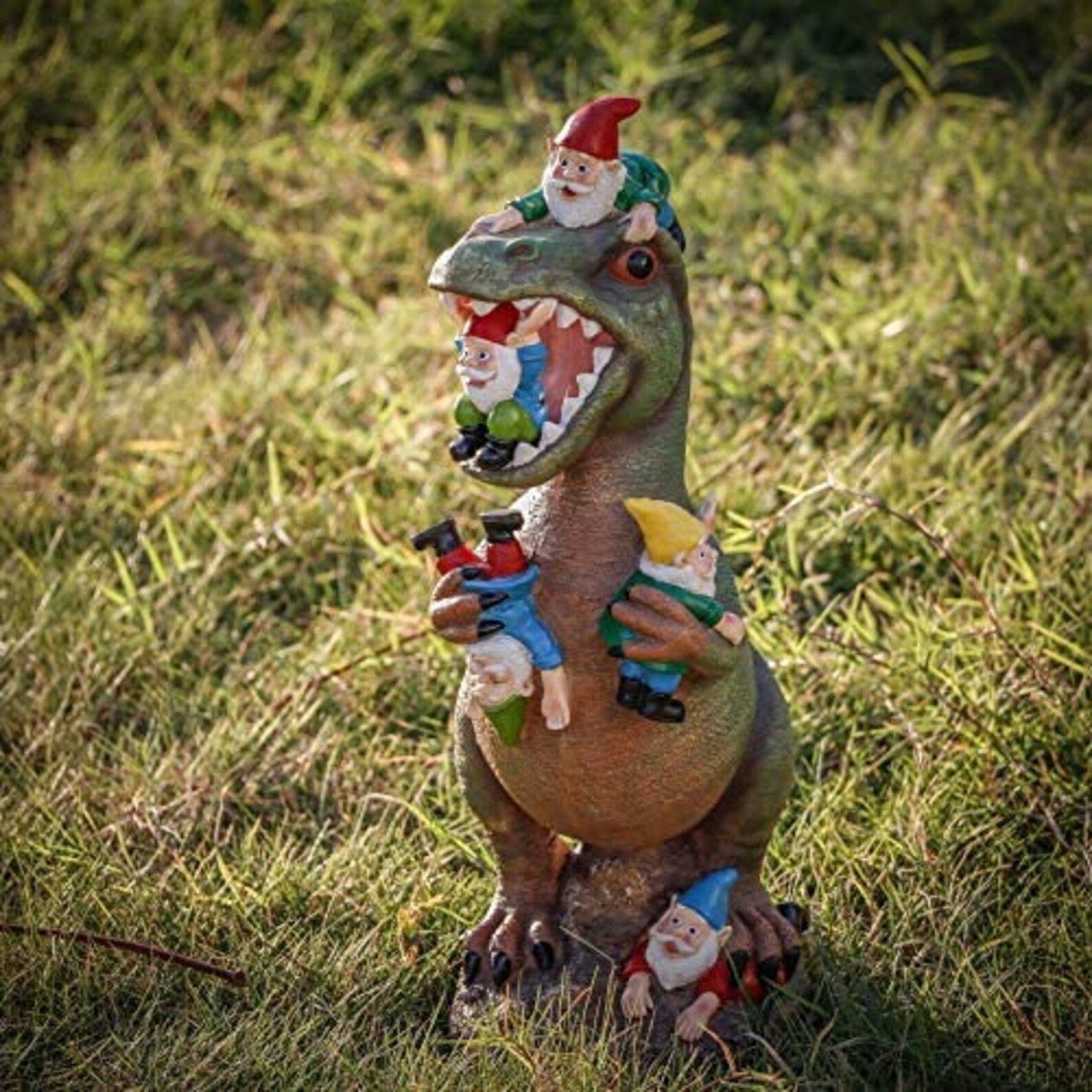 Solar Powered Dinosaur Eating Gnomes Art | Etsy