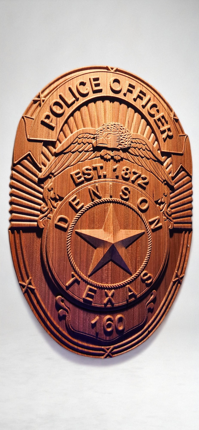 3D Hardwood Carved Police Badge Denison, TX Police Department Wooden ...