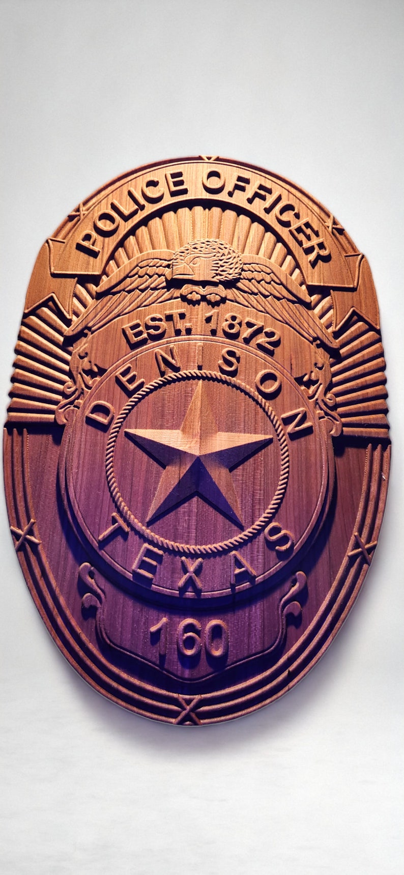 3D Hardwood Carved Police Badge Denison, TX Police Department Wooden ...