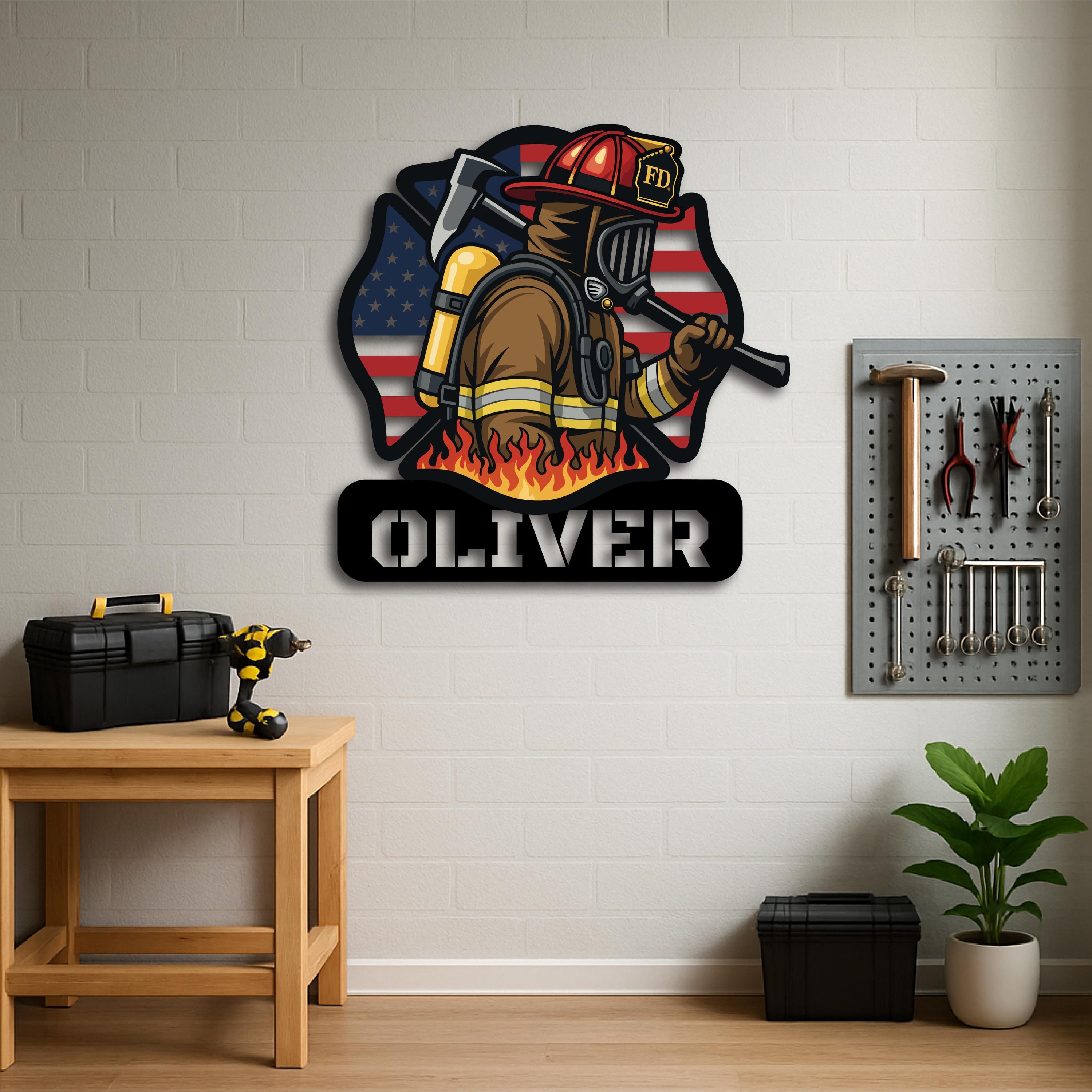 Personalized Firefighter Name Sign – Custom Metal Wall Decor, Fireman ...