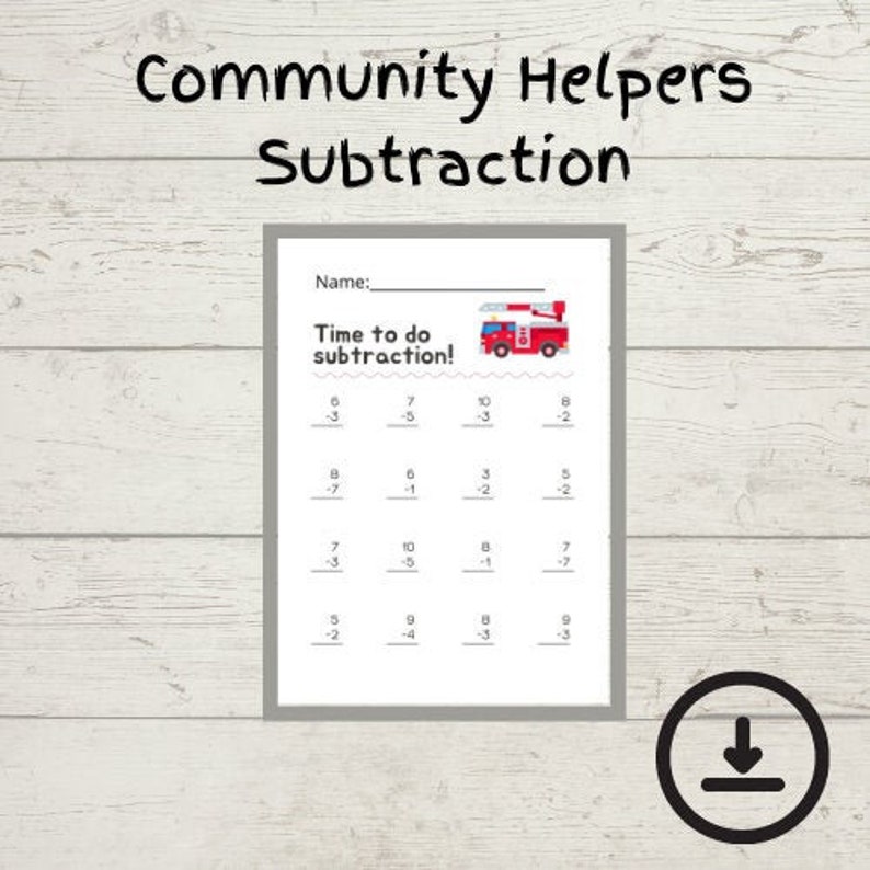 Community Helpers Themed Subtraction Worksheet | Digital Download ...