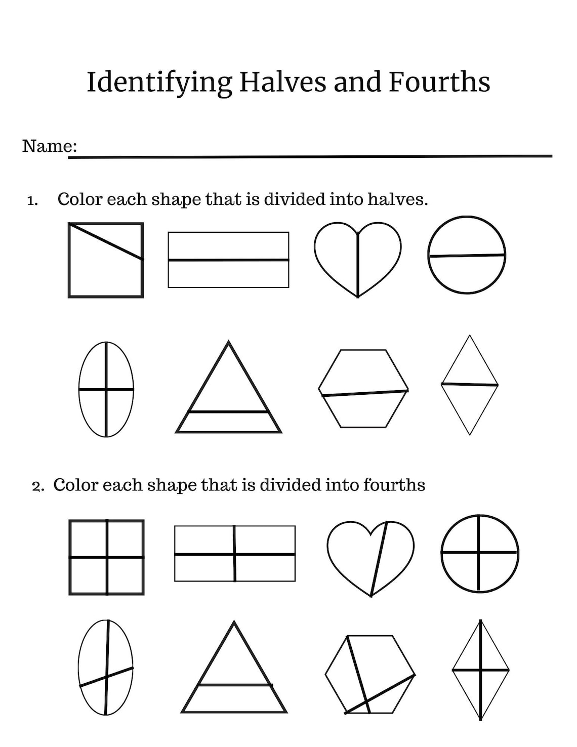 Identifying Halves and Fourths Worksheet | Digital Download | First ...