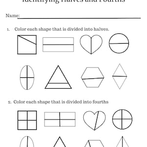 Identifying Halves and Fourths Worksheet | Digital Download | First ...