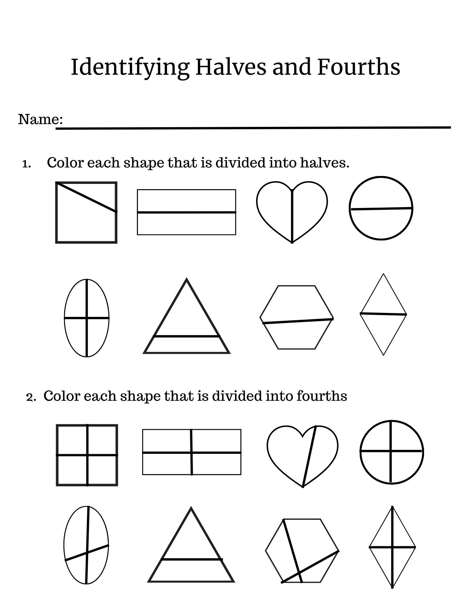 Identifying Halves and Fourths Worksheet | Digital Download | First ...