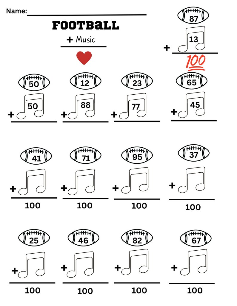 Big Game Themed Worksheet | Football Worksheet |adding With Sums of 100 ...
