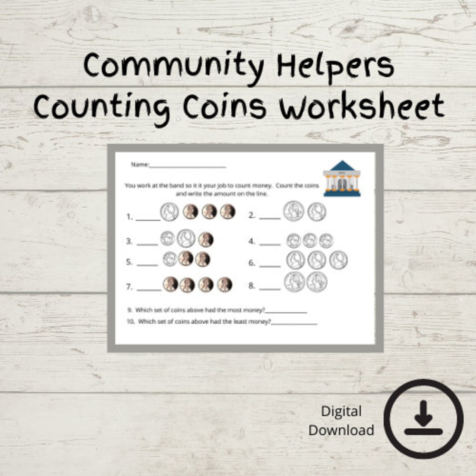 Community Helper Themed Coin Counting Worksheet | Digital Download ...