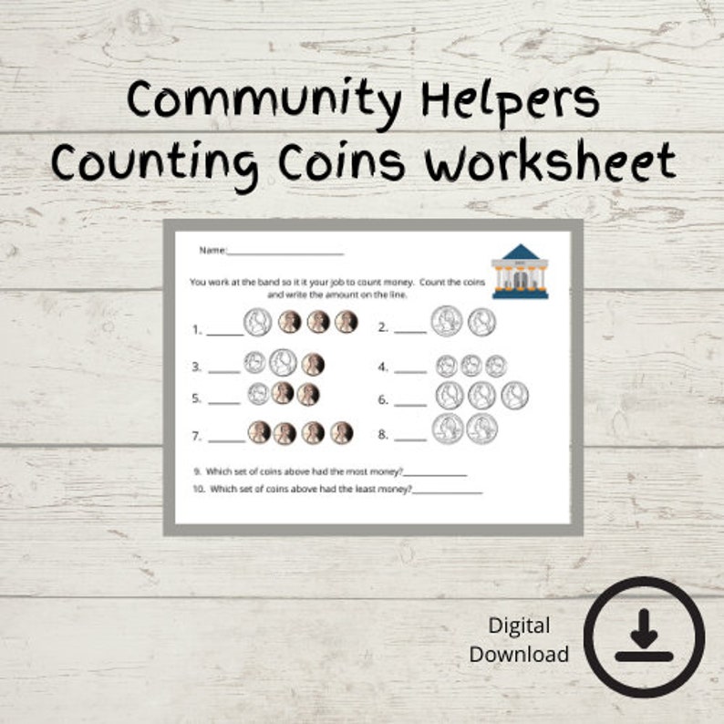 Community Helper Themed Coin Counting Worksheet | Digital Download ...
